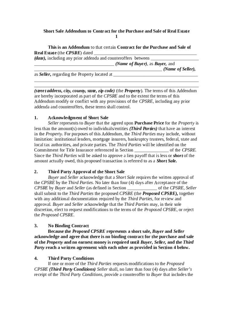 Short Sale Addendum to Contract for the Purchase and Sale of Real ...