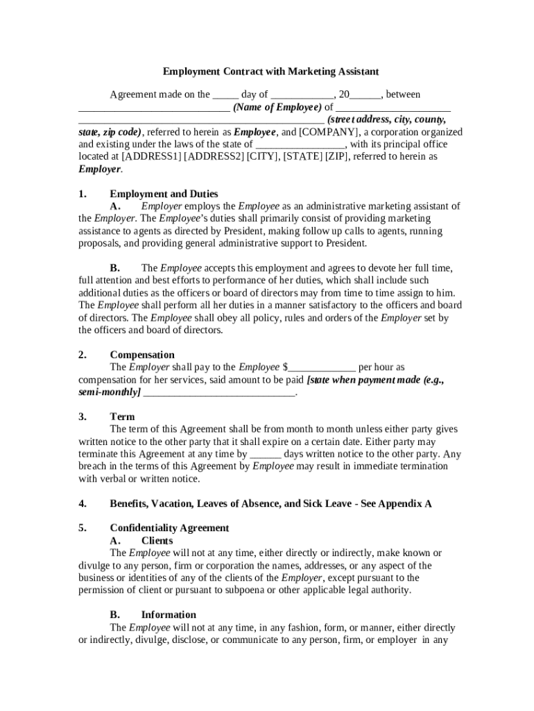 Employment Contract for Marketing Assistant - Blank Fillable Template ...