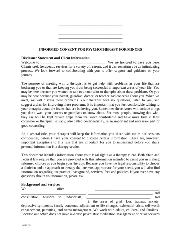 INED CONSENT FOR PSYCHOTHERAPY FOR MINORS Doc Template | pdfFiller