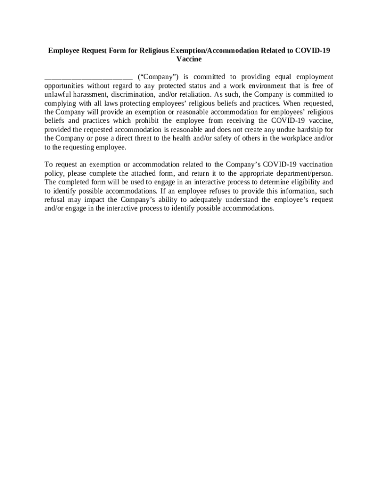 Request for Waiver for COVID-19 Vaccine Religious Exemption for an Employee Doc Template | pdfFiller