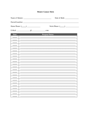 Mentee Contact Sheet Doc Template | pdfFiller