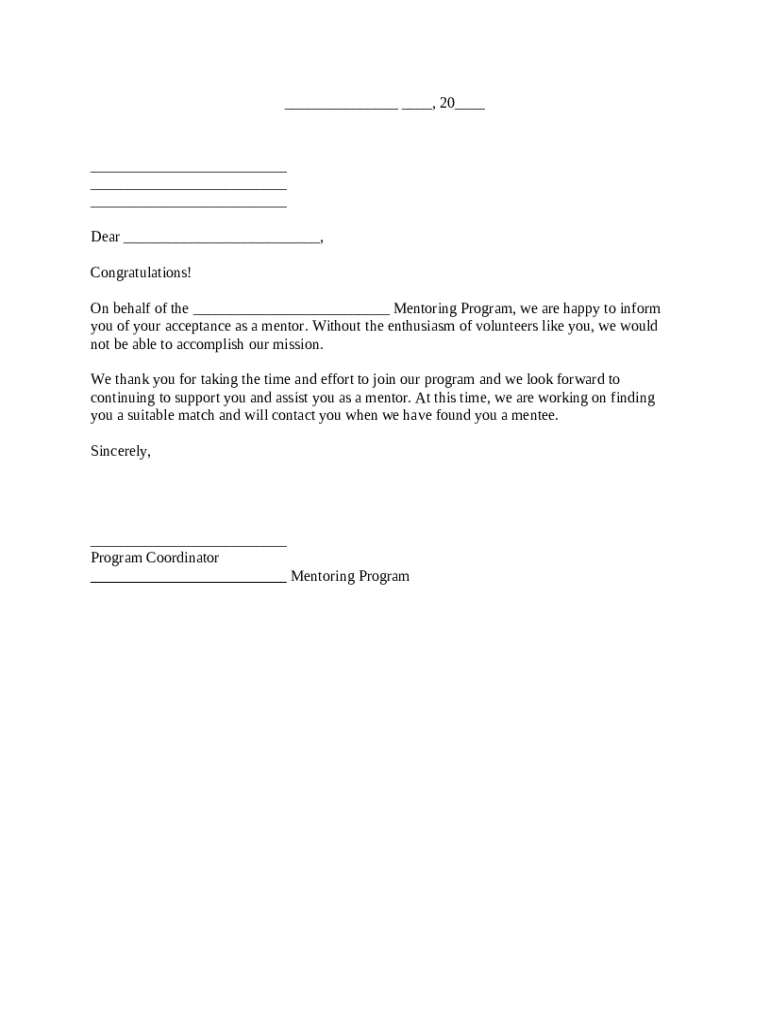 Mentor Acceptance Letter for Mentorship Program Doc Template | pdfFiller