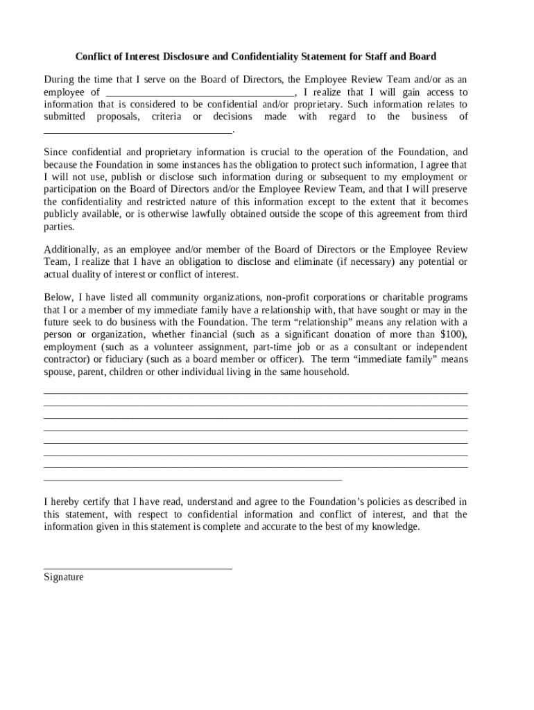 Conflict of Interest Disclosure and Confidentiality Statement - Staff and Board Doc Template ...