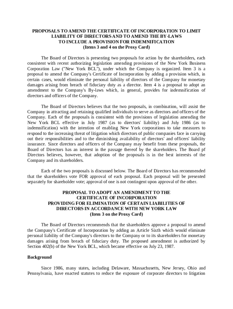 PROPOSALS TO AMEND THE CERTIFICATE OF INCORPORATION TO LIMIT Doc Template | pdfFiller
