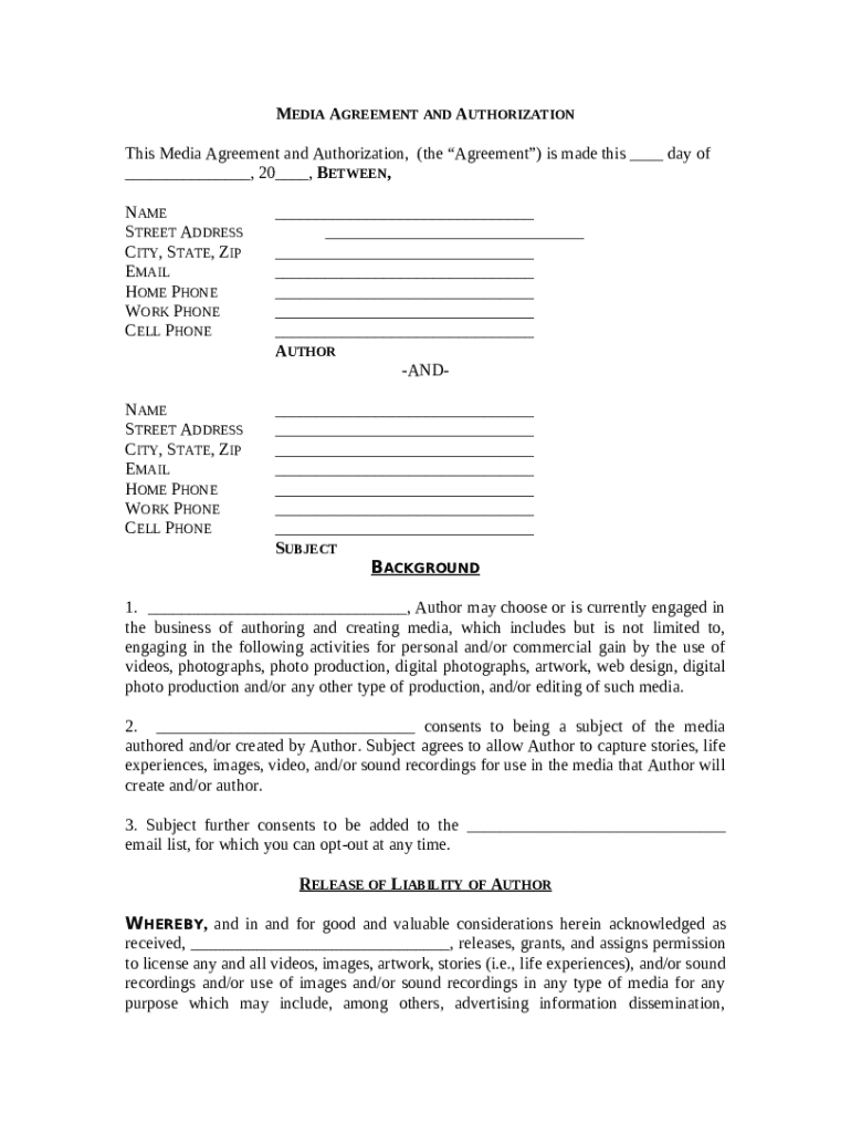 Media Authorization and Agreement and Release of Liability Doc Template | pdfFiller