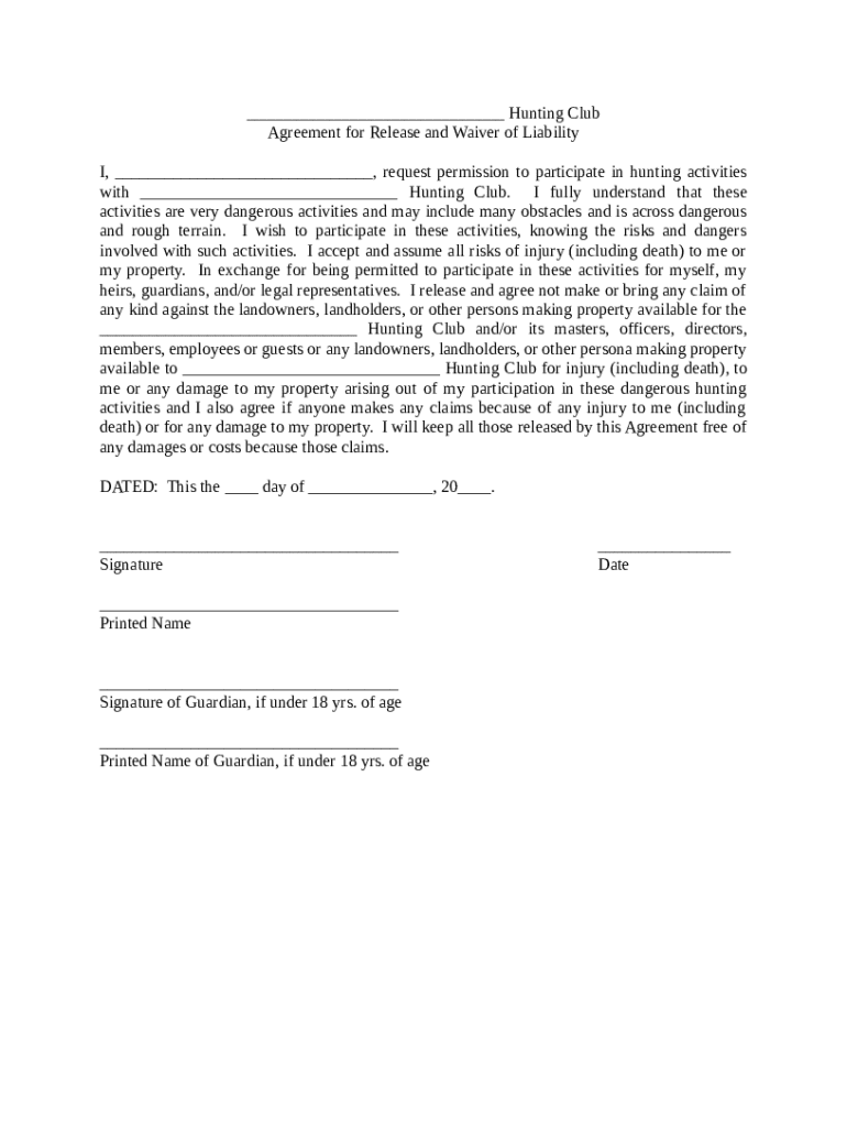 Hunting Club Liability Waiver Agreement - Blank Fillable Template ...