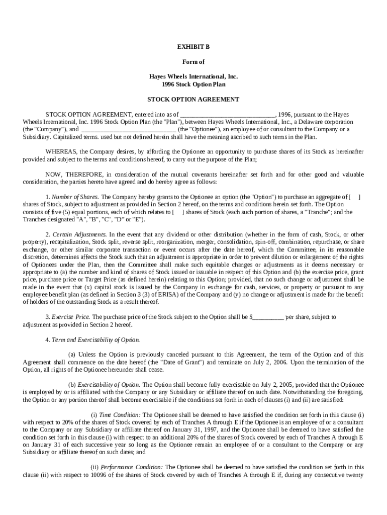 Stock Option Agreement Doc Template | pdfFiller