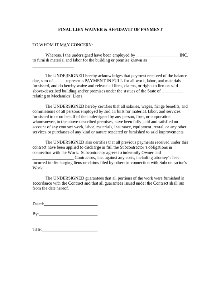 Final Lien Waiver & Affidavit of Payment Doc Template | pdfFiller