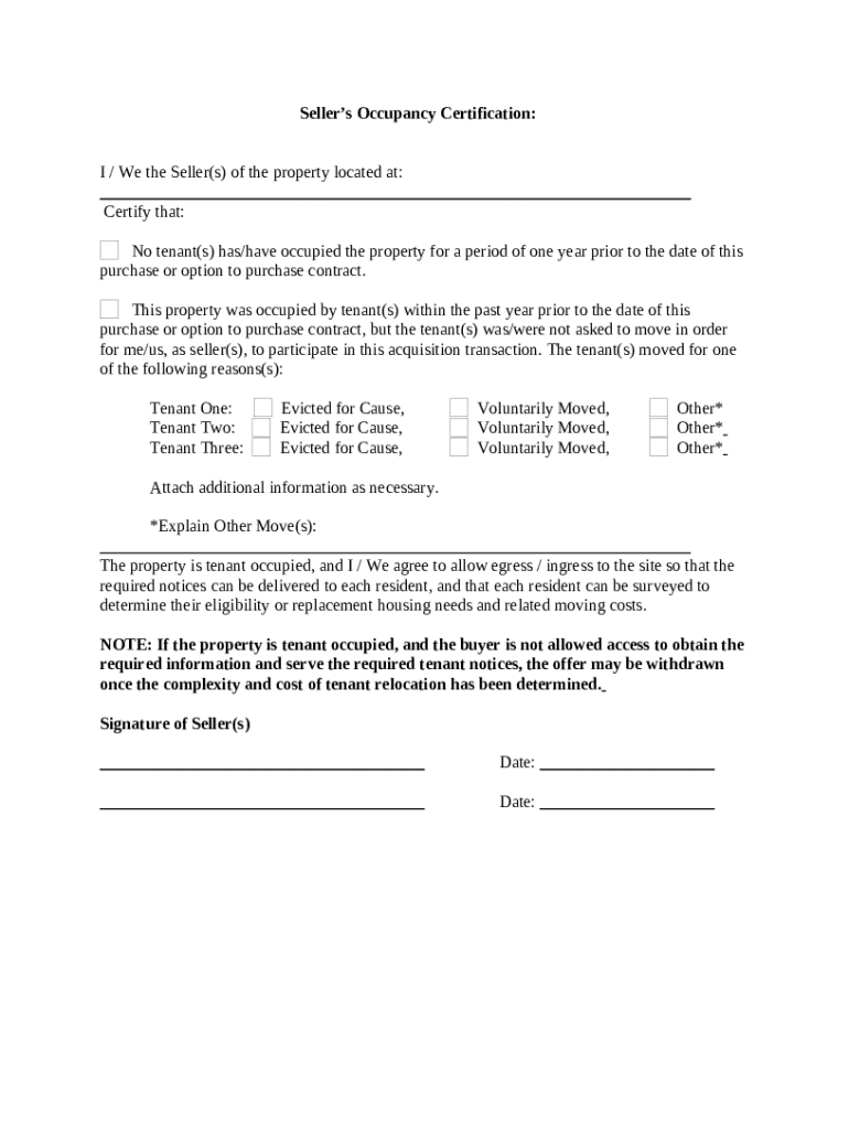 Seller's Occupancy Certification Doc Template | pdfFiller