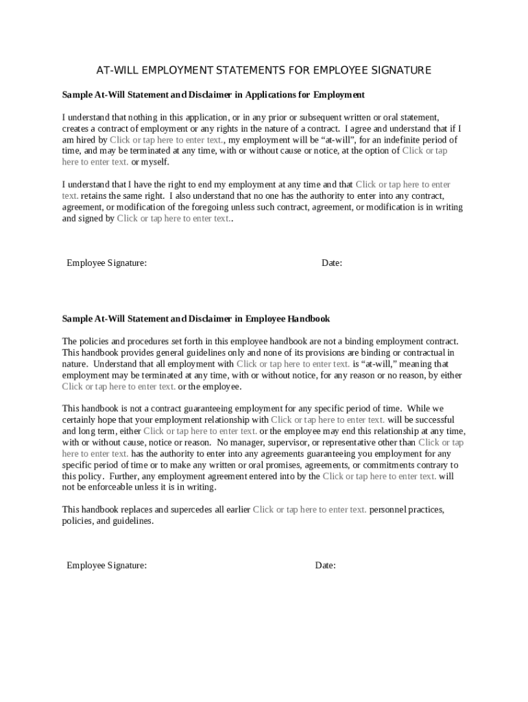 Sample At-Will Statement and Disclaimer in Applications for Employment ...