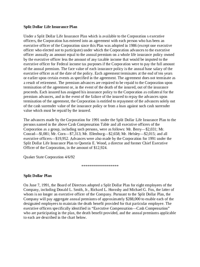 Split-Dollar Life Insurance Doc Template | pdfFiller