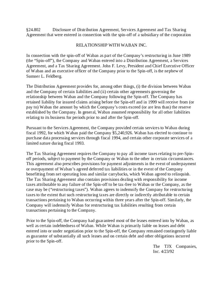 Disclosure of Distribution Agreement, Services Agreement and Tax ...