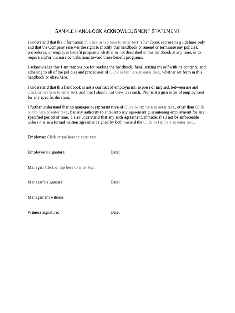 Sample Handbook Acknowledgment Statement Doc Template | pdfFiller