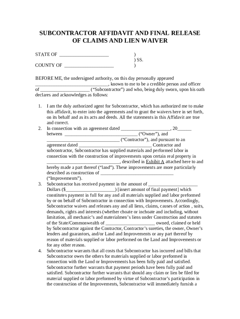 Subcontractor Affidavit and Final Release of Claims and Lien Waiver Doc ...