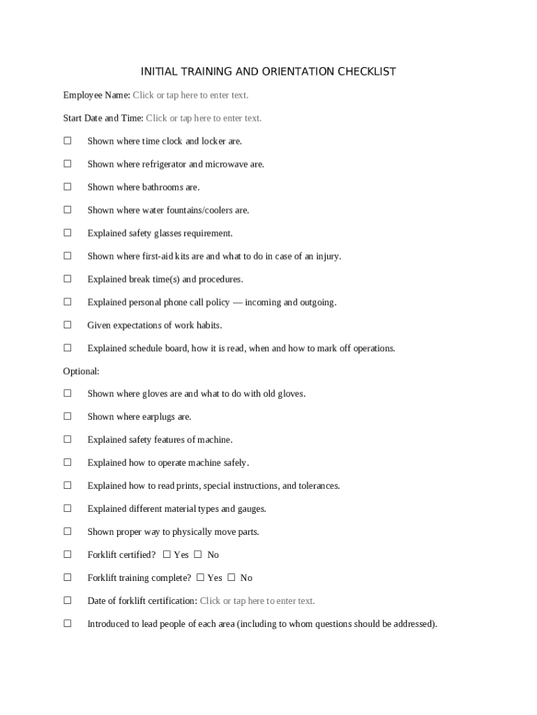 Initial Training and Orientation Checklist Doc Template | pdfFiller