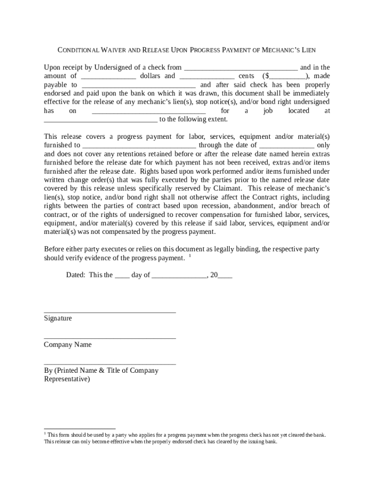 Conditional Waiver and Release Upon Progress Payment of Mechanic's Lien ...