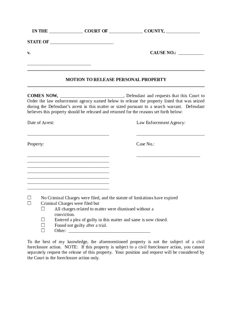 MOTION TO RELEASE PERSONAL PROPERTY Doc Template | pdfFiller