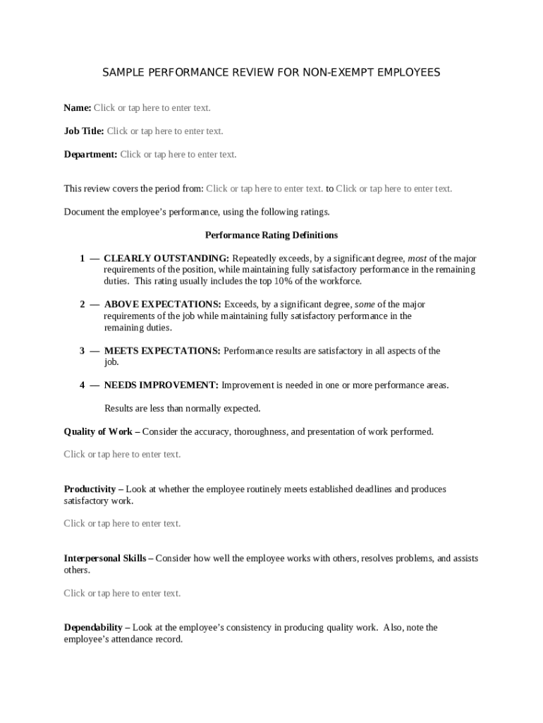 Sample Perance Review for Nonexempt Employees Doc Template | pdfFiller