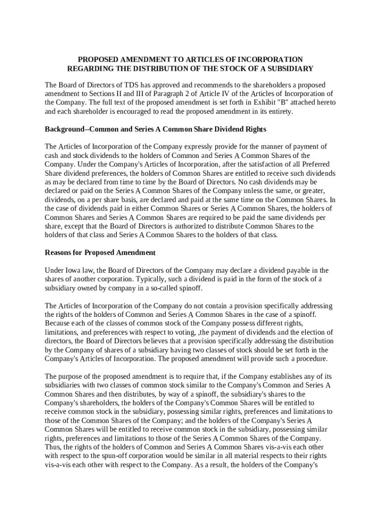 Proposed amendment to articles of incorporation regarding distribution of stock of a subsidiary ...