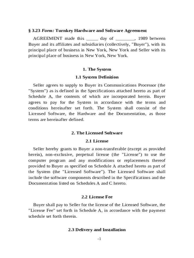 Turnkey Hardware and Software Agreement Doc Template | pdfFiller