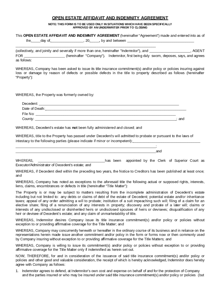 Open Estate Affidavit and Indemnity Agreement Doc Template | pdfFiller