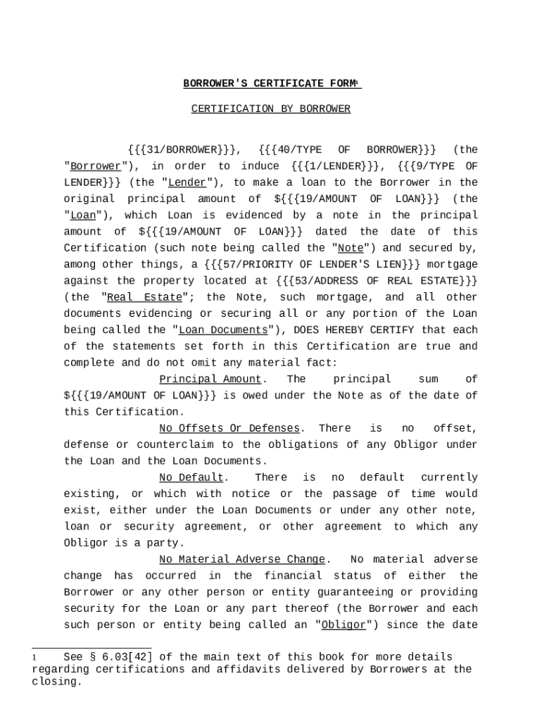 Borrower's Certificate Doc Template | pdfFiller