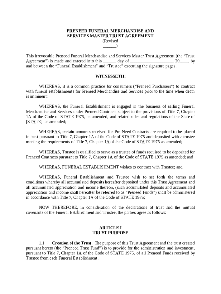 Preneed Funeral Merchandise and Services Master Trust Agreement Doc ...