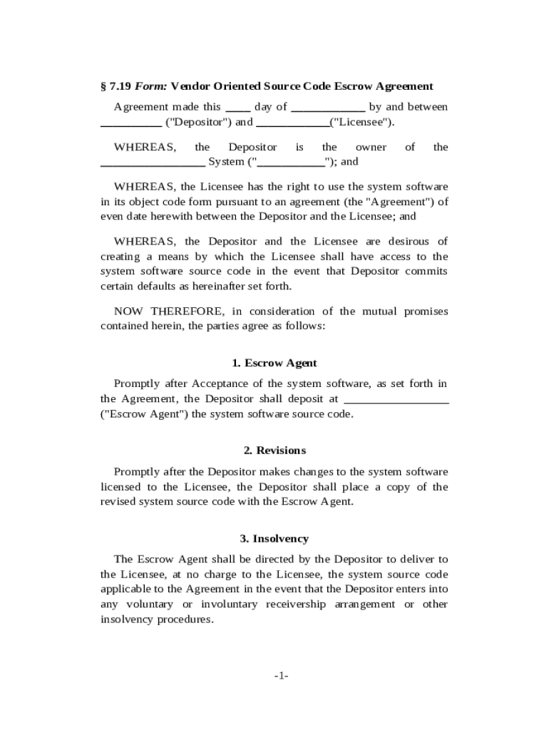 Vendor Oriented Source Code Escrow Agreement Doc Template | pdfFiller