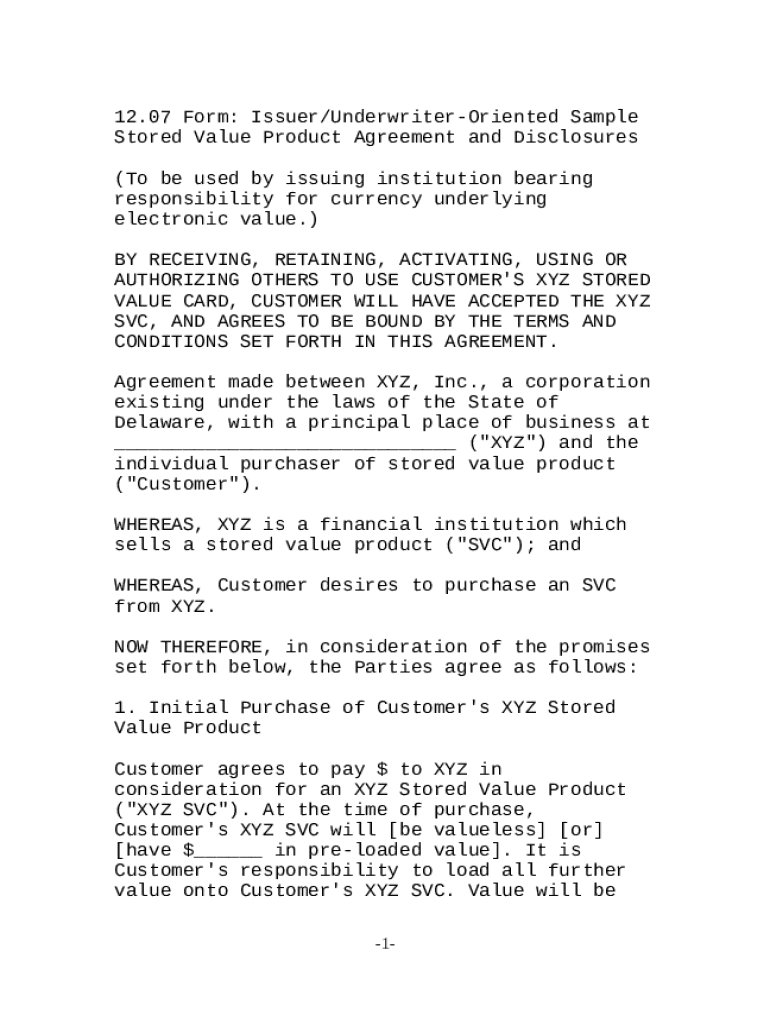 Issuer - Underwriter - Oriented Sample Stored Value Product Agreement and Disclosures Doc ...