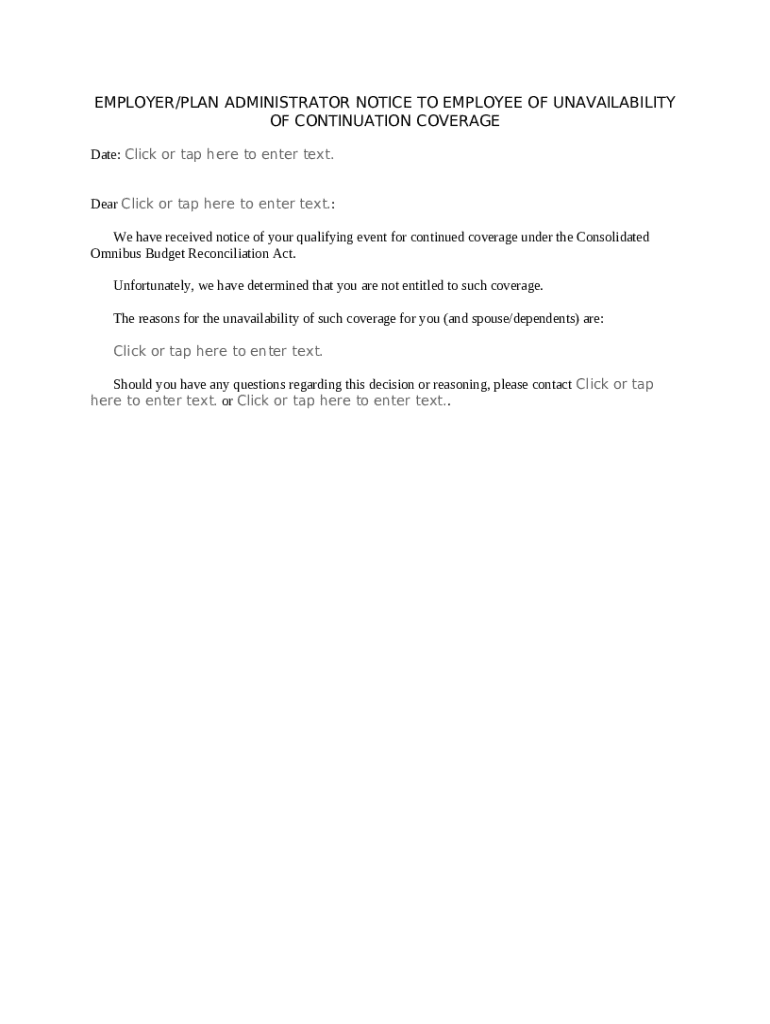 Employer/plan Administrator Notice to Employee of Unavailability of ...
