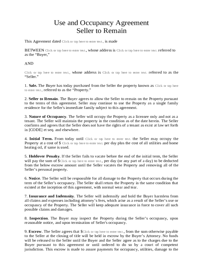 Use and Occupancy Agreement - Blank Fillable Template | Fill Out, Print ...