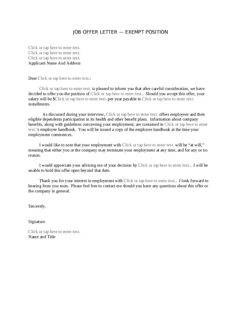 Job Offer Letter - Exempt Position Doc Template | pdfFiller