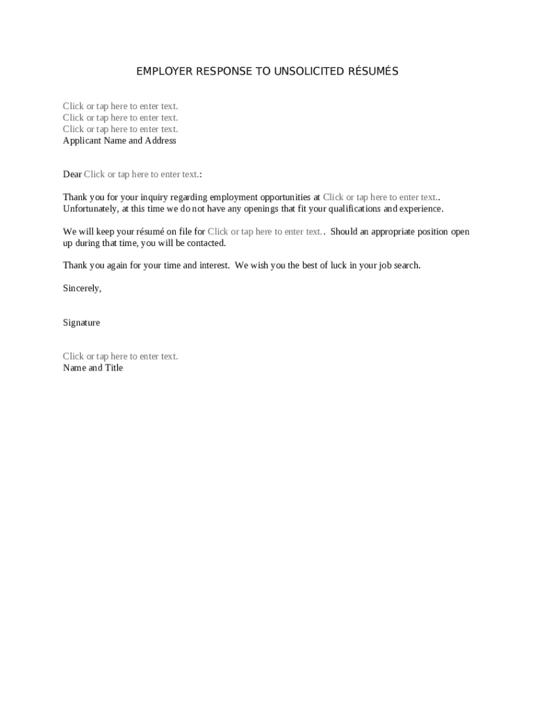 Employer Response to Unsolicited Resumes - No Open Positions Available ...