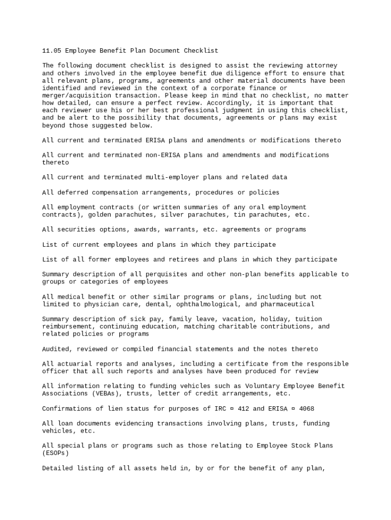 Employee Benefit Plan Document Checklist Doc Template | pdfFiller