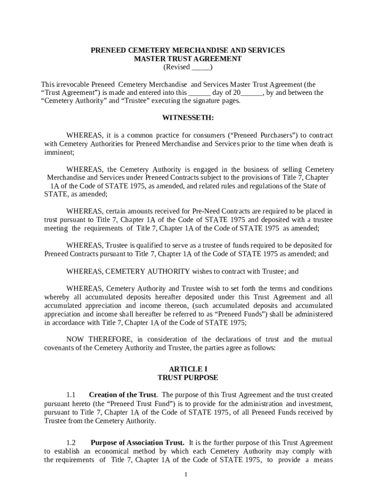 Preneed Cemetery Merchandise and Services Master Trust Agreement Doc ...