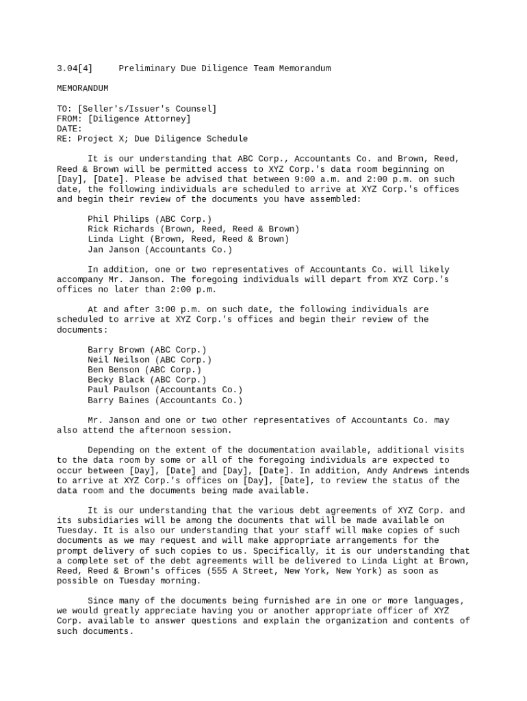 Preliminary Due Diligence Team Memorandum Doc Template | pdfFiller
