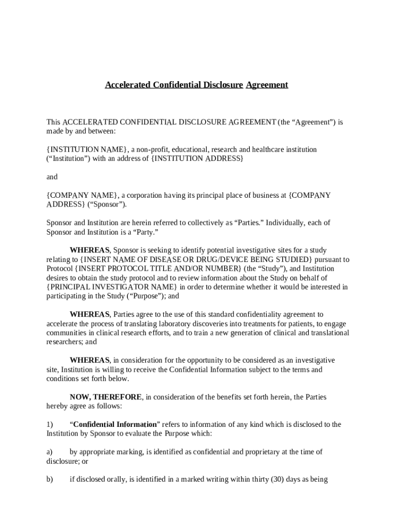 Accelerated Confidential Disclosure Agreement Doc Template | pdfFiller