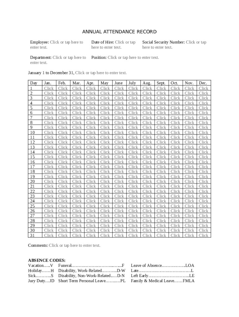 Annual Attendance Record Doc Template | pdfFiller
