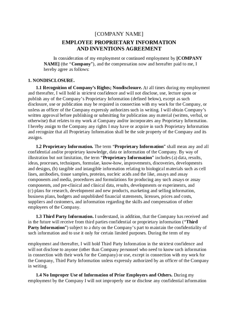 Employee Proprietary Ination and Inventions Agreement Doc Template ...