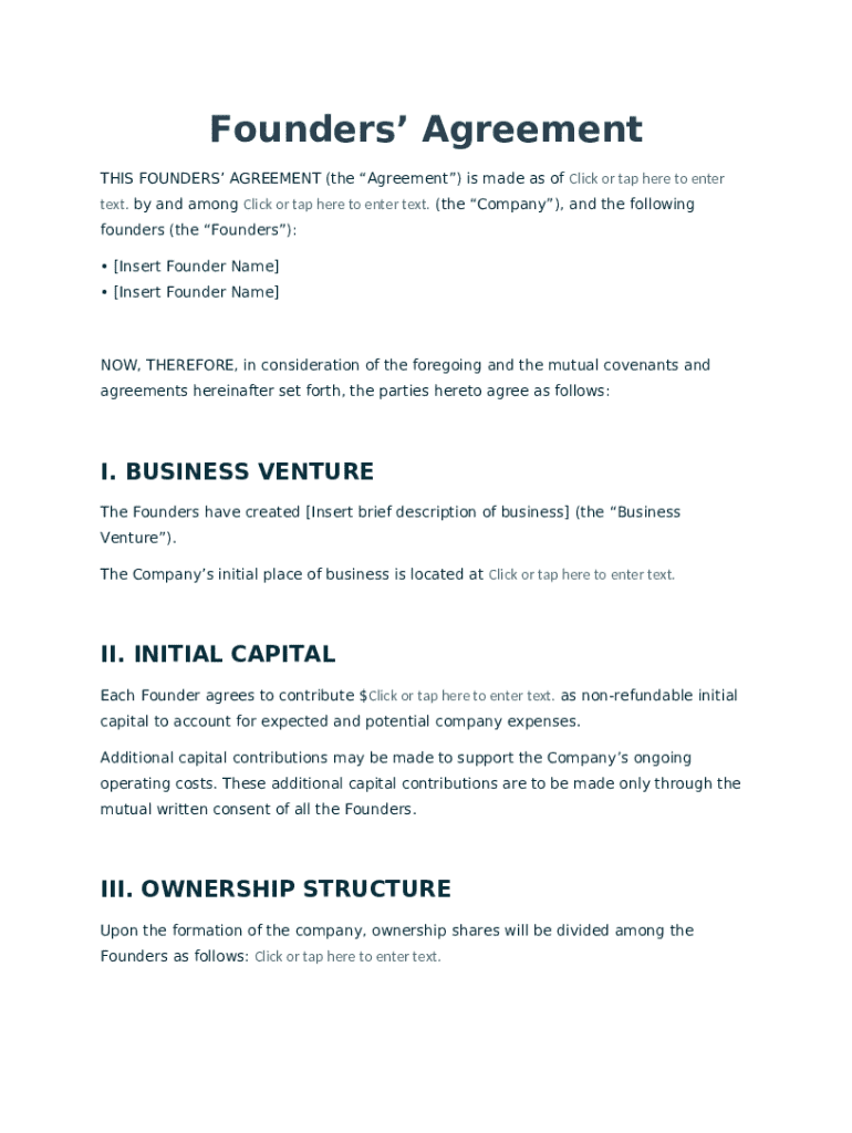 Founders' Agreement Doc Template | pdfFiller