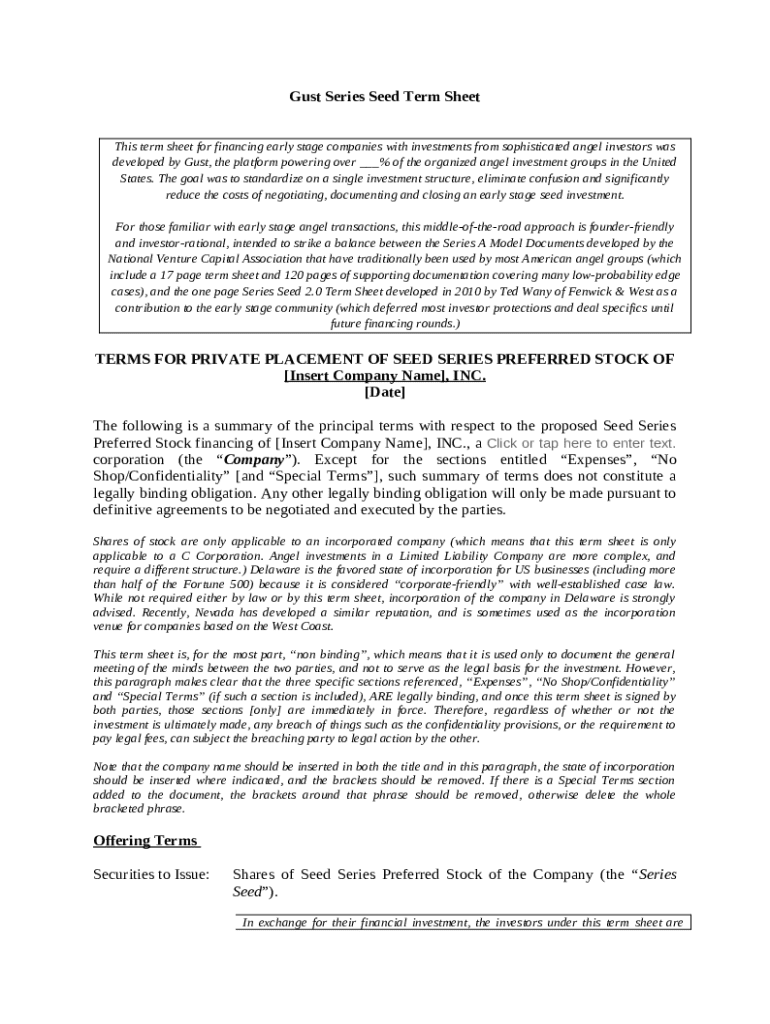 Gust Series Seed Term Sheet Doc Template | pdfFiller