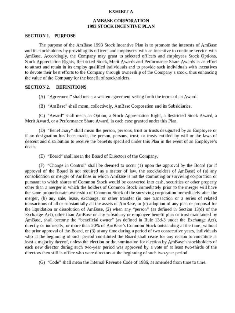 Ambase Corporation 1993 Stock Incentive Plan Doc Template | pdfFiller