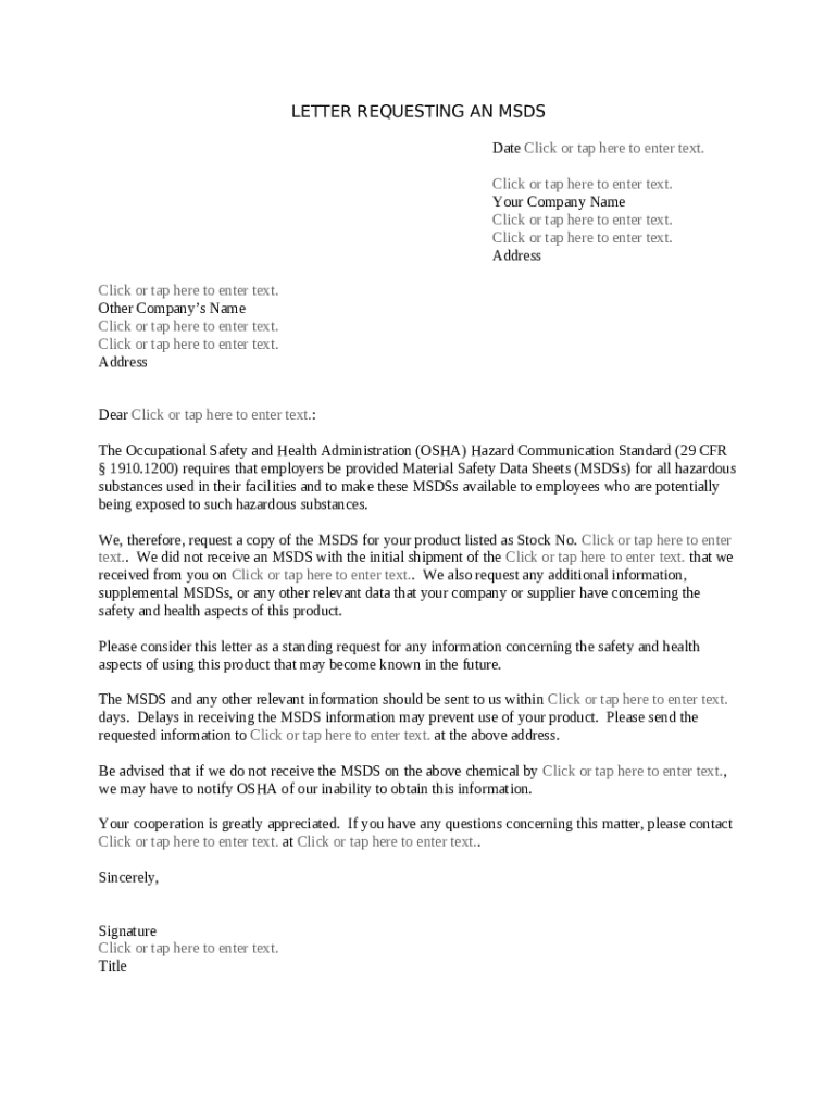 Letter Requesting an Msds Doc Template | pdfFiller