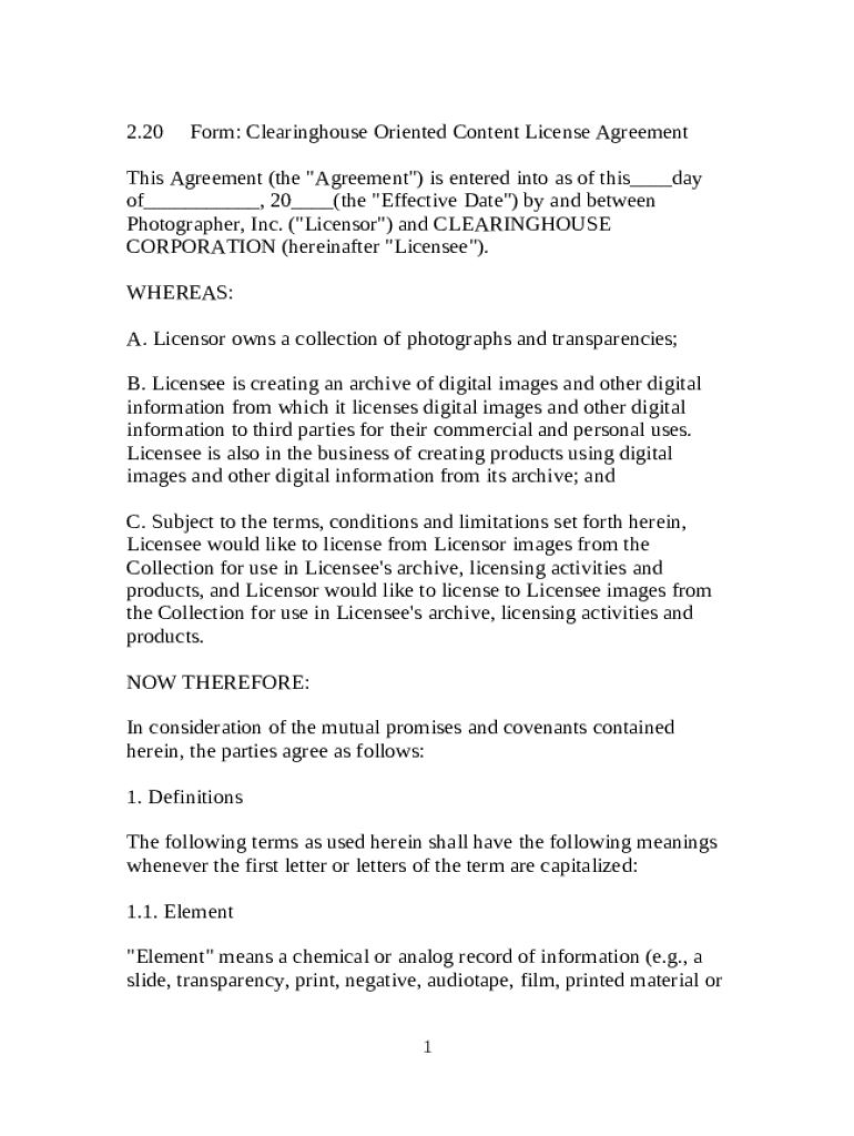 Clearinghouse Oriented Content License Agreement Doc Template | pdfFiller