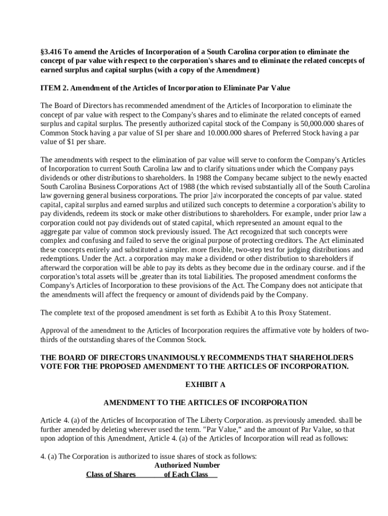 Amendment to the articles of incorporation to eliminate par value Doc Template | pdfFiller