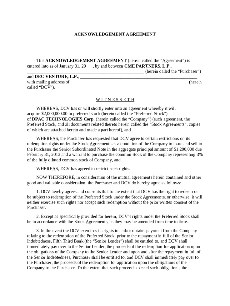 Acknowledgement Agreement Doc Template | pdfFiller