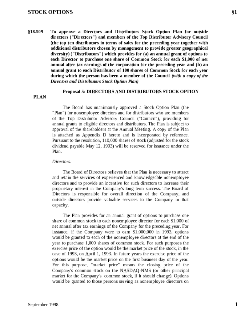 Proposal 5: DIRECTORS AND DISTRIBUTORS STOCK OPTION PLAN Doc Template ...