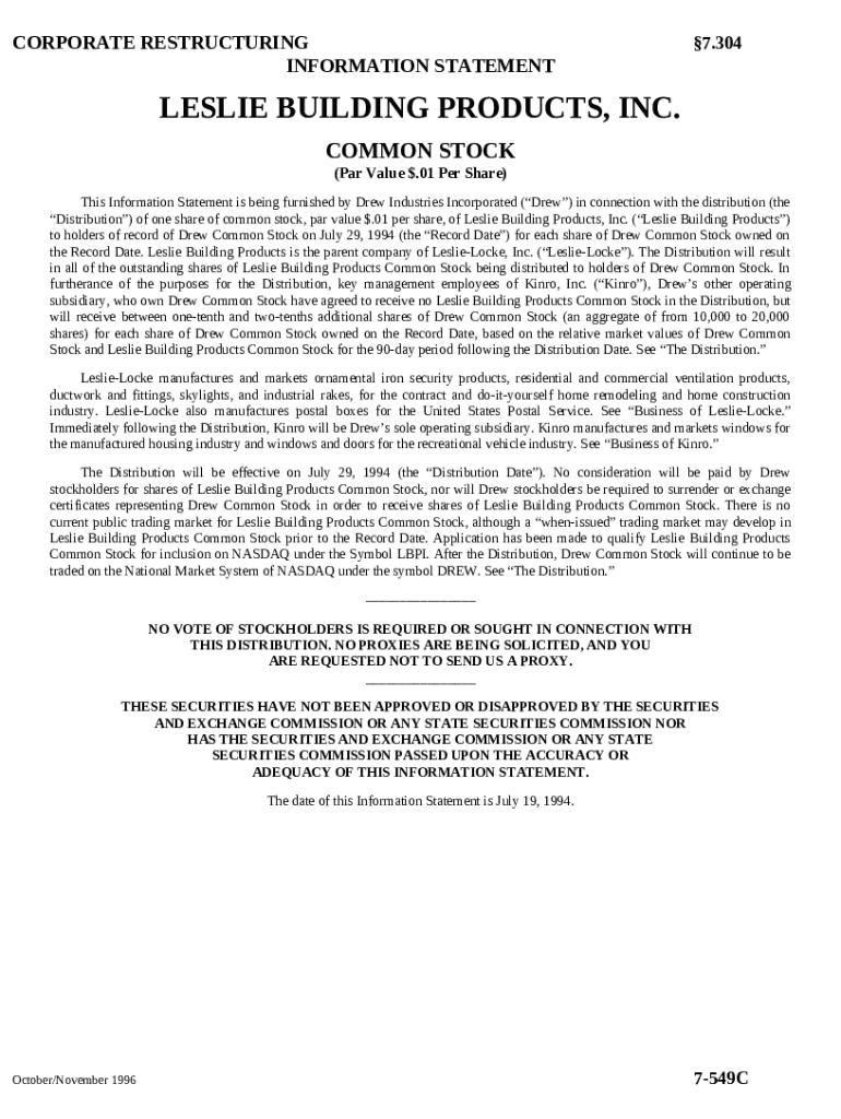 Corporate Restructuring Information Statement - Blank Fillable Template ...
