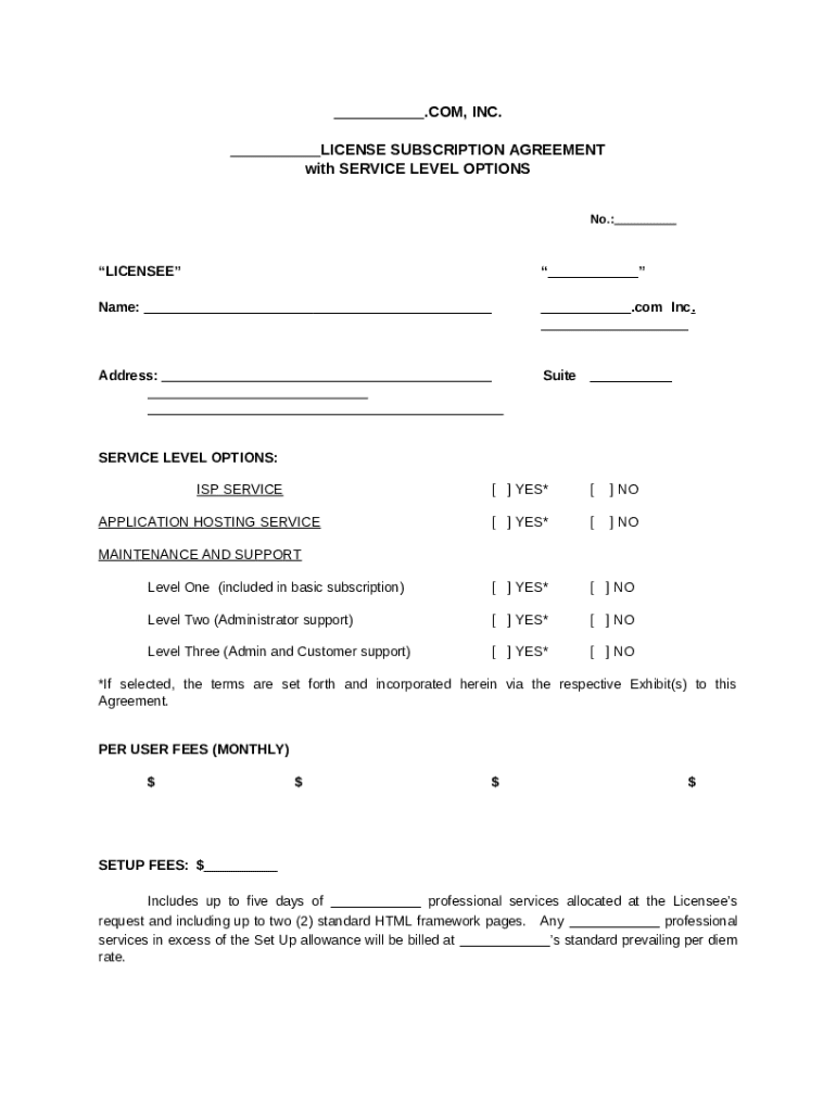 License Subscription Agreement with Service Level Options Doc Template | pdfFiller