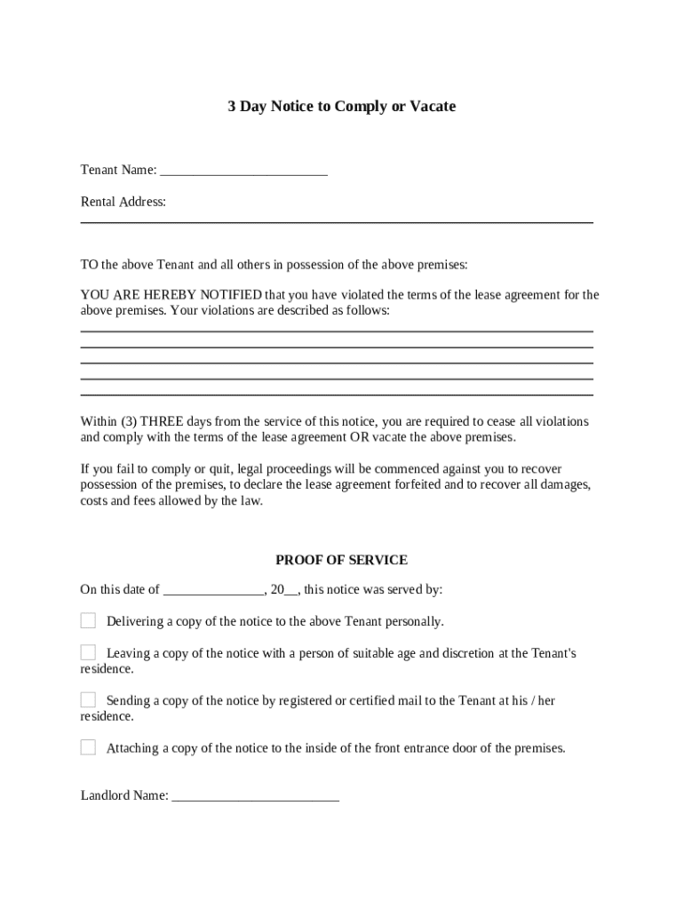 Basic 3 Day Notice to Comply or Vacate Doc Template | pdfFiller
